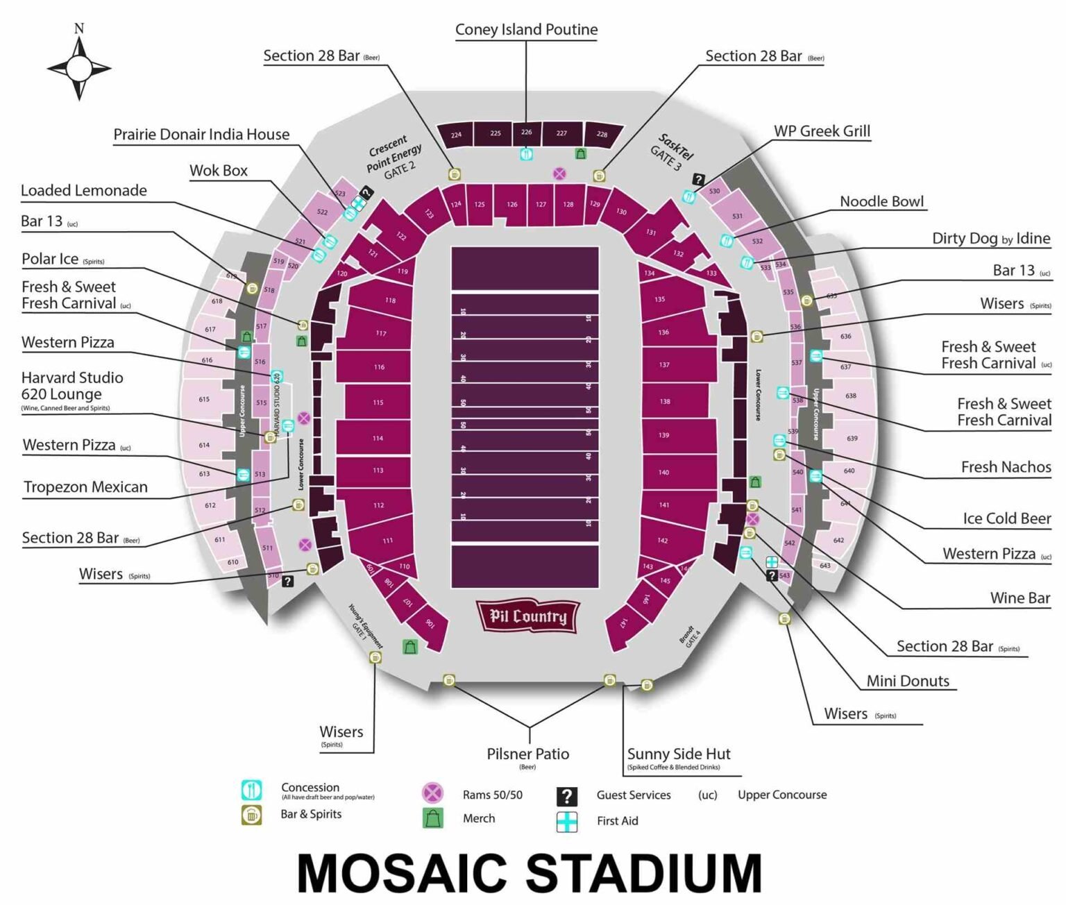 Mosaic Stadium Seating Map with Rows and Seat Numbers