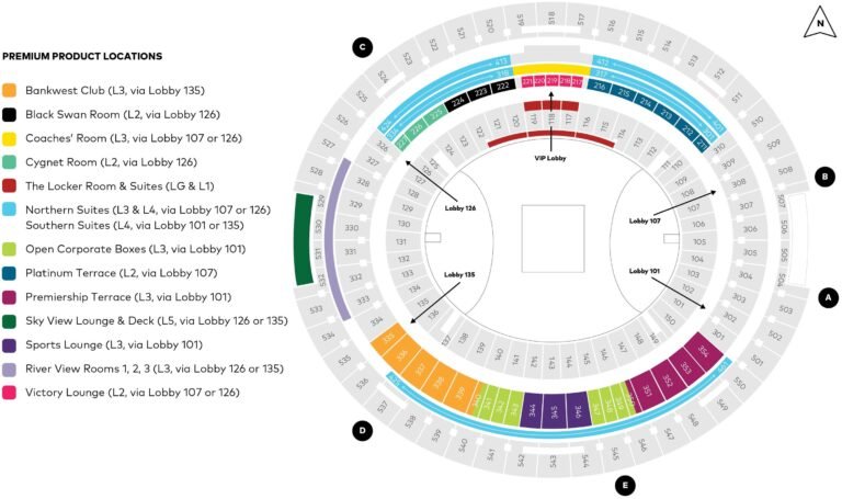 Perth Stadium Seating Map with Seat Numbers and Rows