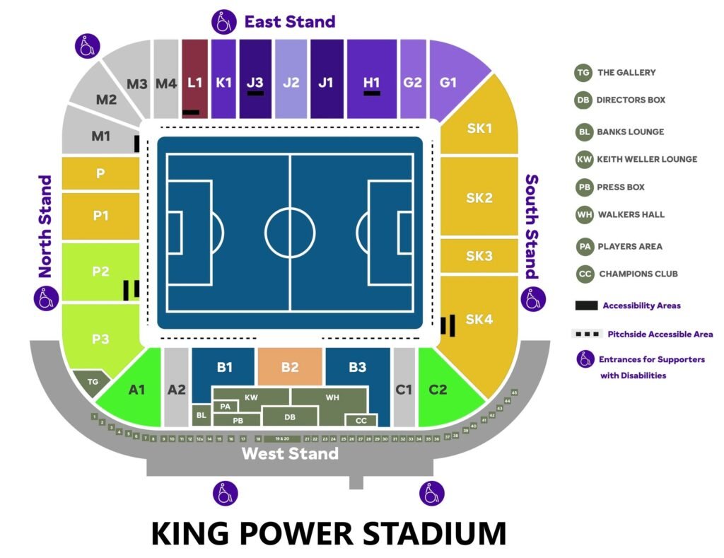King Power Stadium Seating Plan with Seat Numbers, Rows, Stands