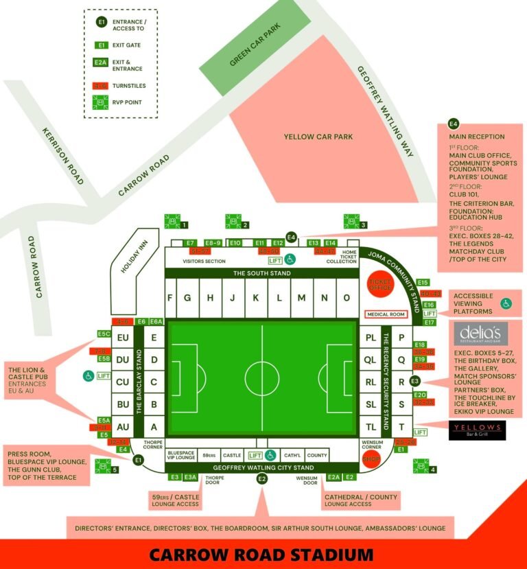 Carrow Road Seating Plan with Seat Numbers and Rows