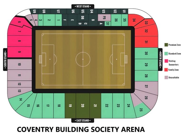 Coventry Building Society Arena Seating Plan with Seat Numbers and Rows