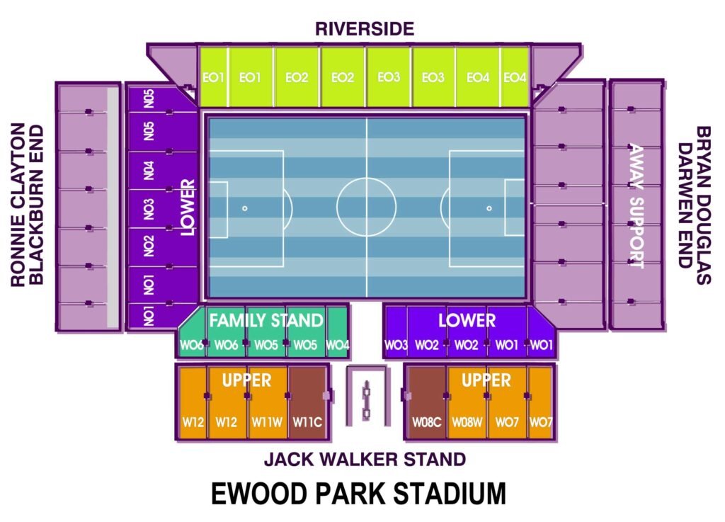 Ewood Park Seating Chart with Rows and Seat Numbers 2025