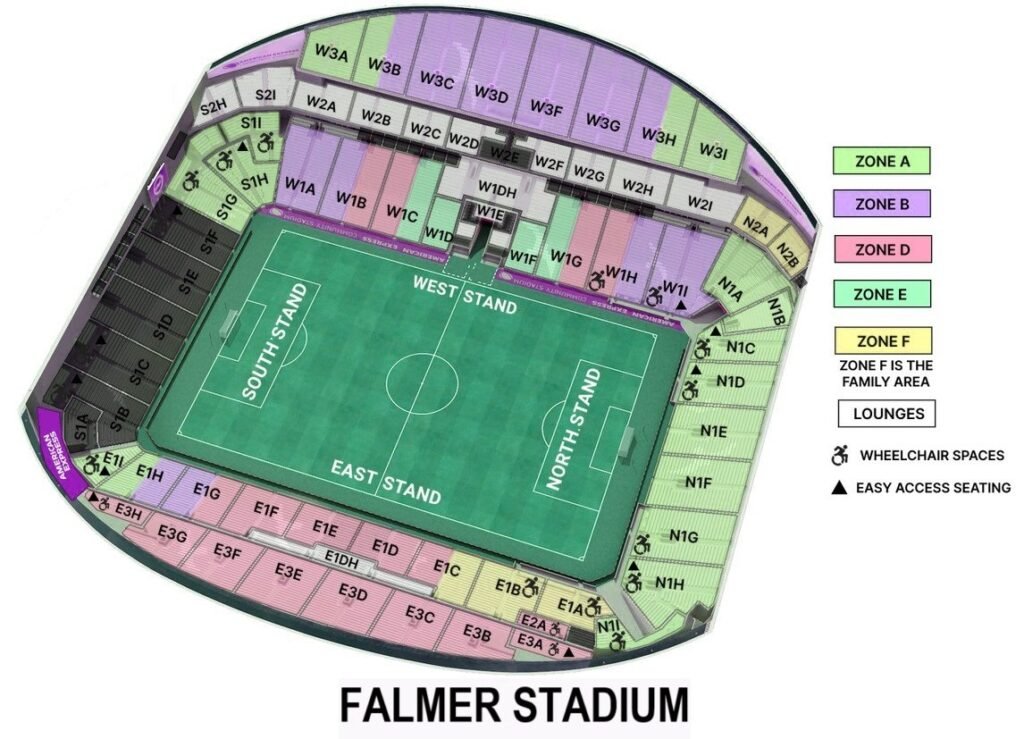 Falmer Stadium Seating Plan with Rows, Brighton FC Premier League Map