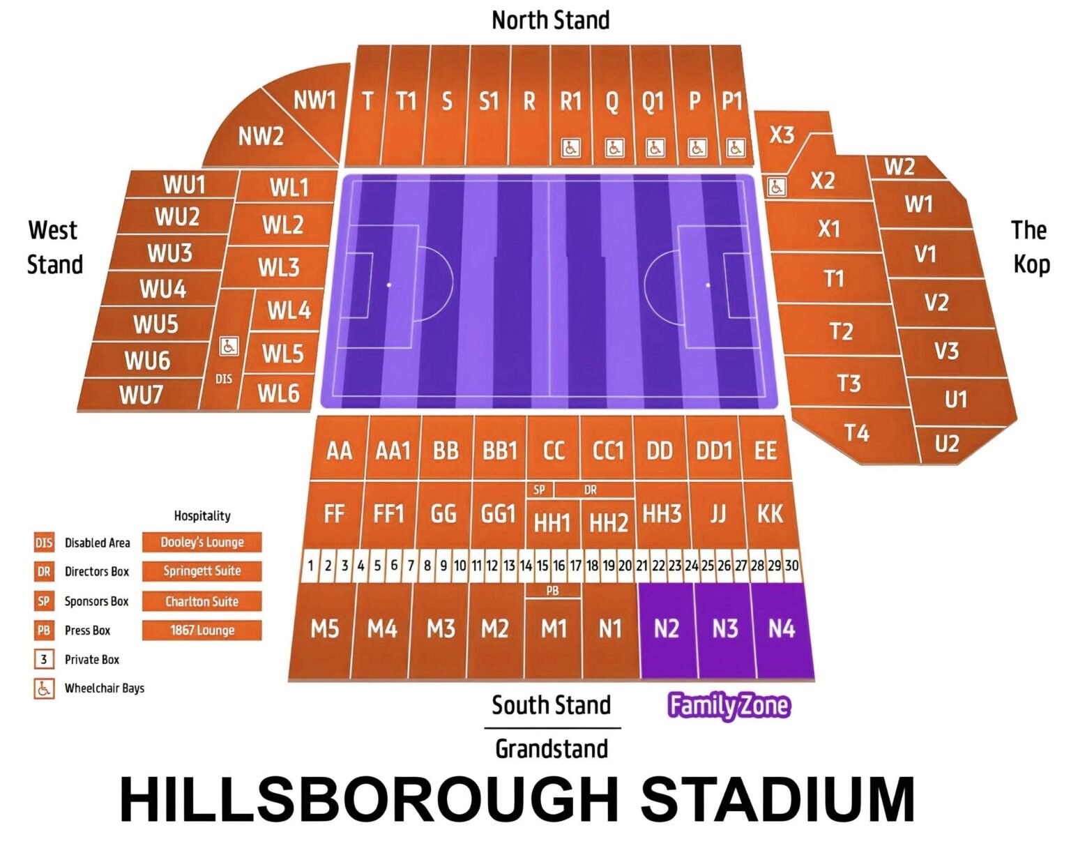 Hillsborough Stadium Seating Plan with Seat Numbers and Rows