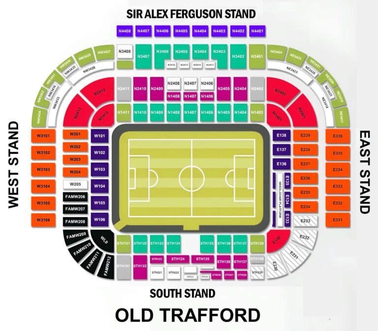 Old Trafford Seating Plan with Seat Numbers and Rows