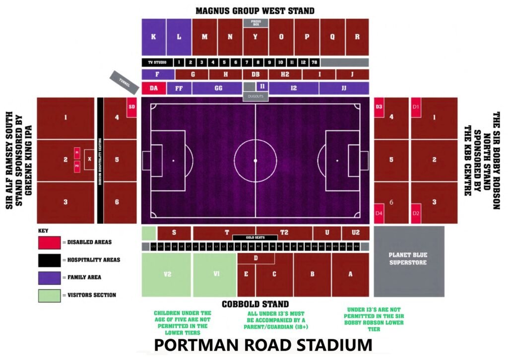 Portman Road Seating Plan with Seat Numbers and Rows