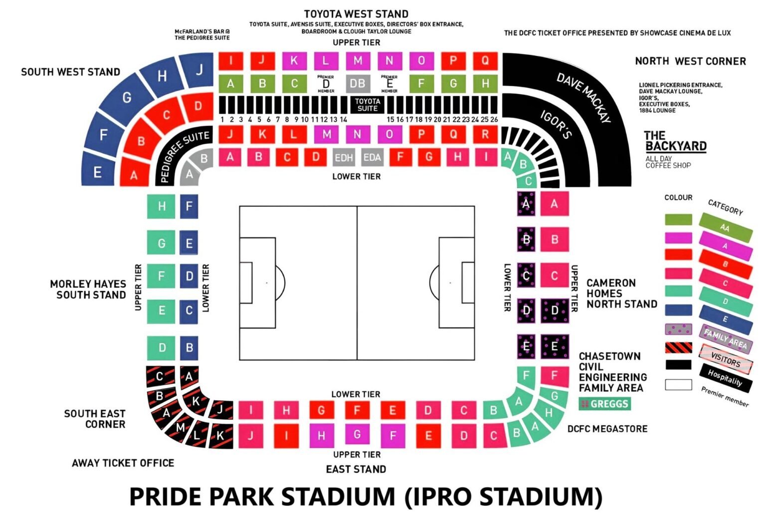 Pride Park Stadium Seating Plan with Seat Numbers and Rows