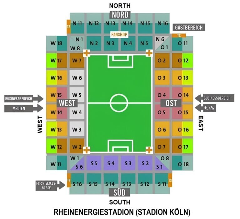 RheinEnergieStadion Seating Chart with Rows and Seat Numbers 2025
