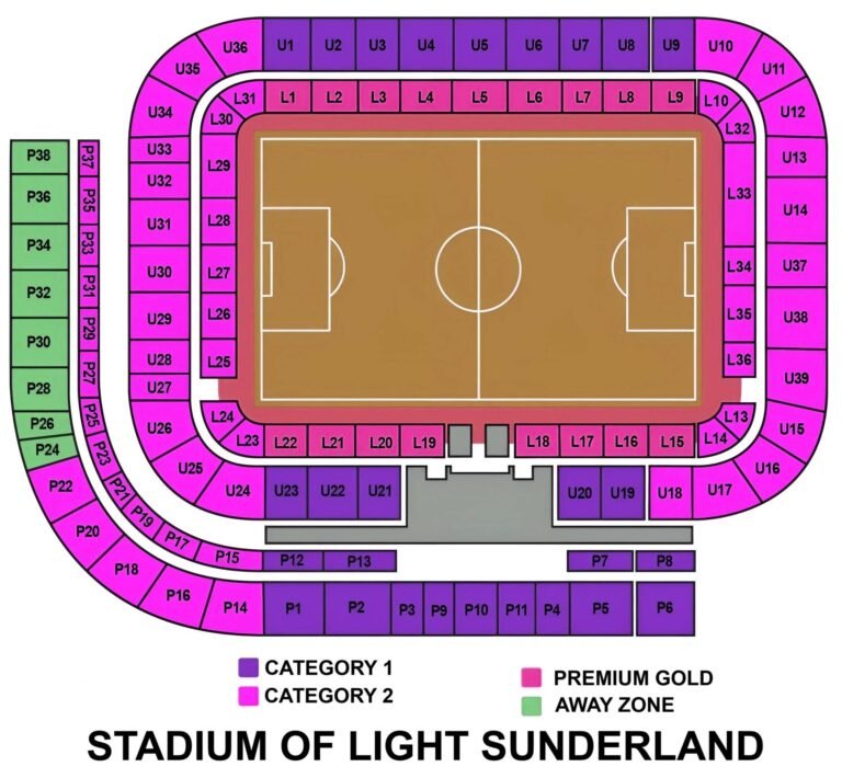 Stadium of Light Seating Plan with Seat Numbers and Rows
