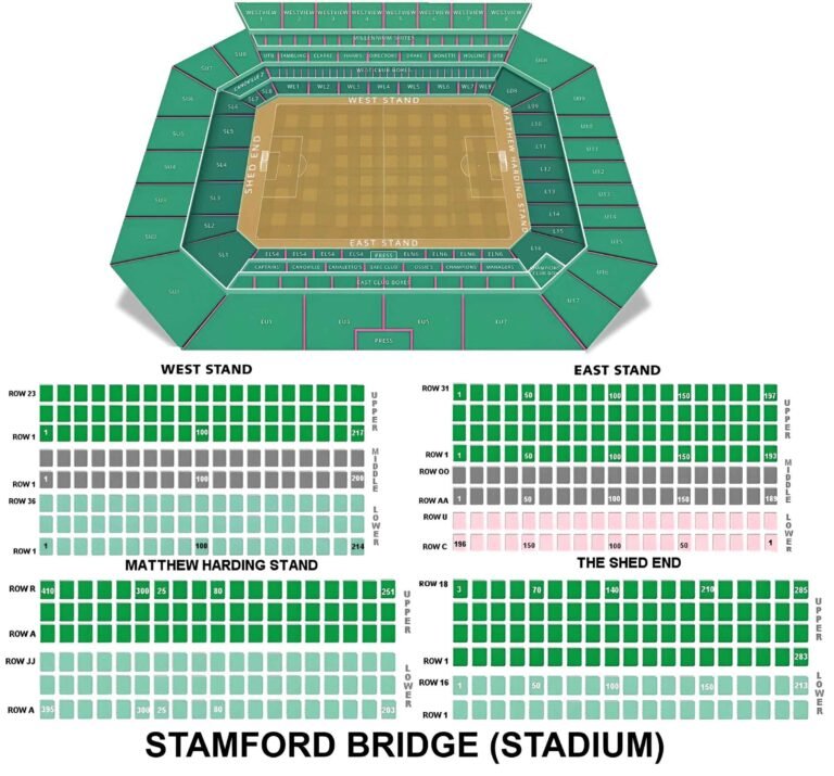 Stamford Bridge Seating Plan with Seat Numbers and Rows