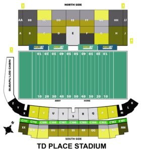 TD Place Stadium Seating Chart with Seat Numbers and Rows