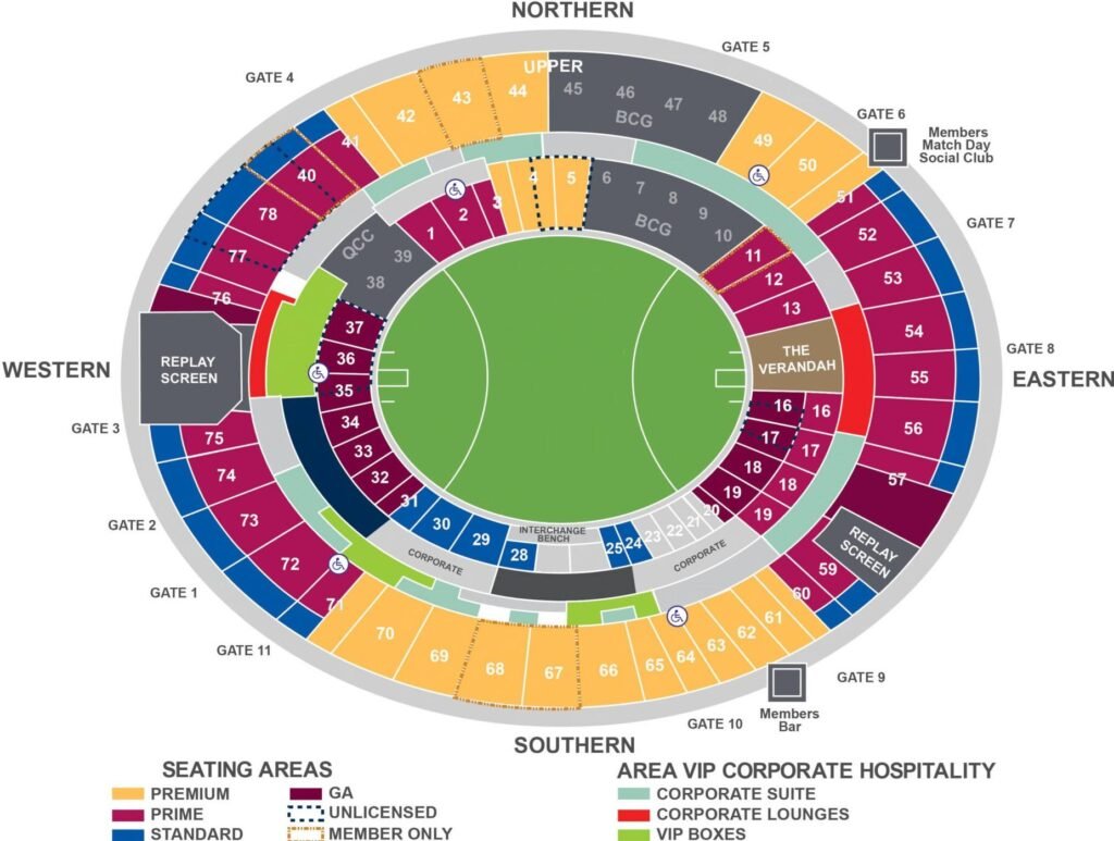 Brisbane Cricket Ground Seating Map with Seat Numbers and Rows