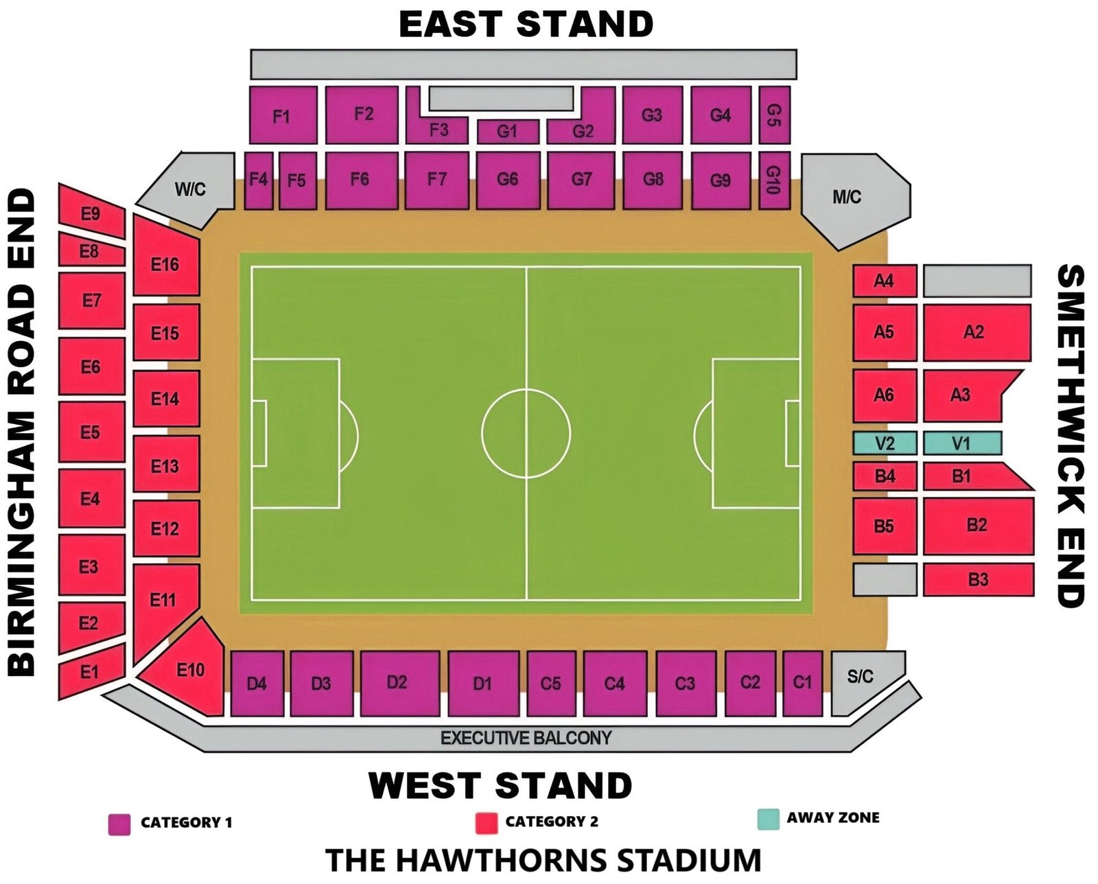 The Hawthorns Seating Chart with Rows and Seat Numbers 2025