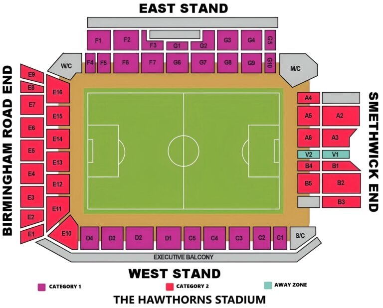 The Hawthorns Seating Chart with Rows and Seat Numbers 2025