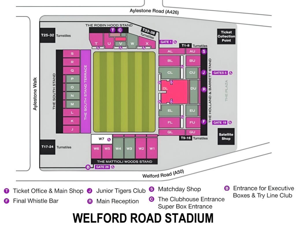 Welford Road Stadium Seating Chart with Rows and Seat Numbers 2025