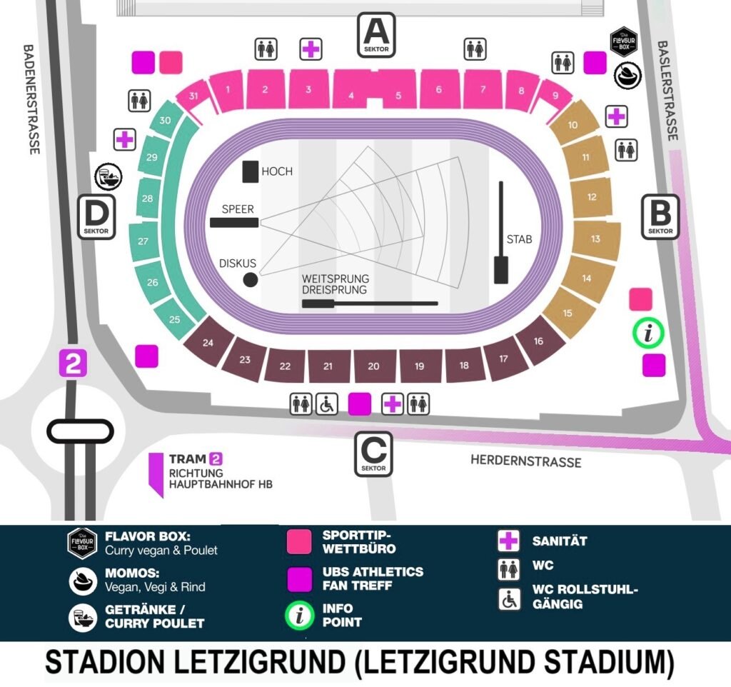 Letzigrund Stadium Seating Plan with Seat Numbers and Rows - Letzi