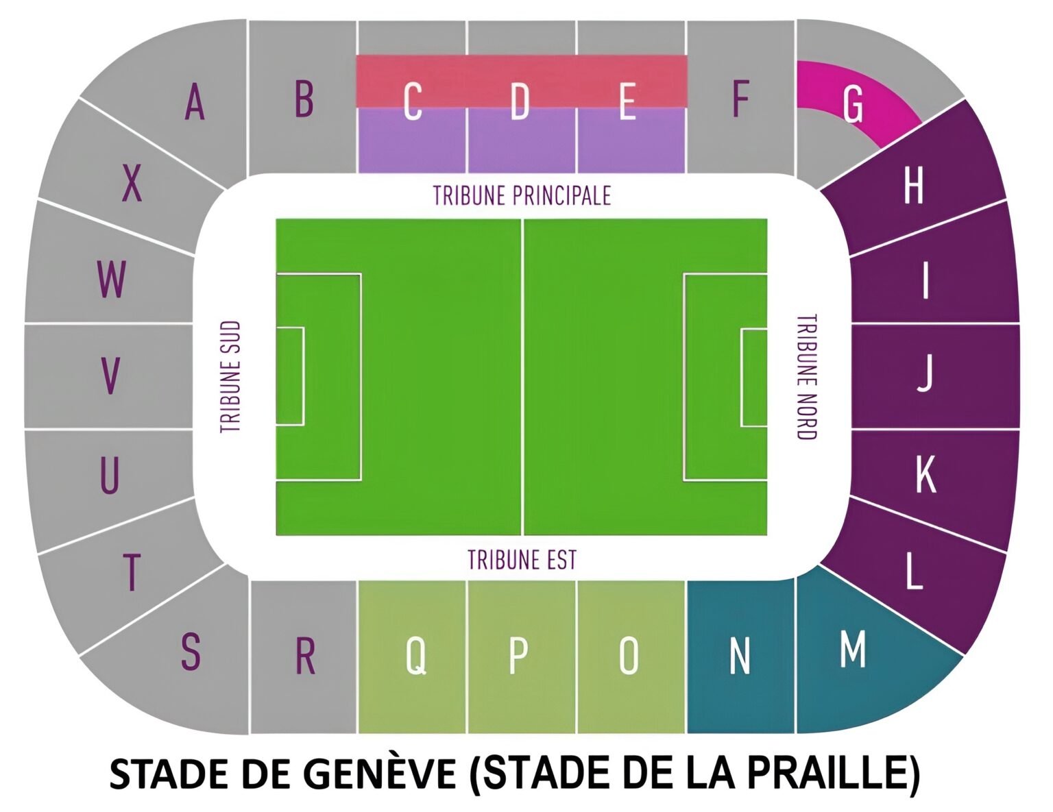 Stade de Genève Seating Map with Seat Numbers and Rows