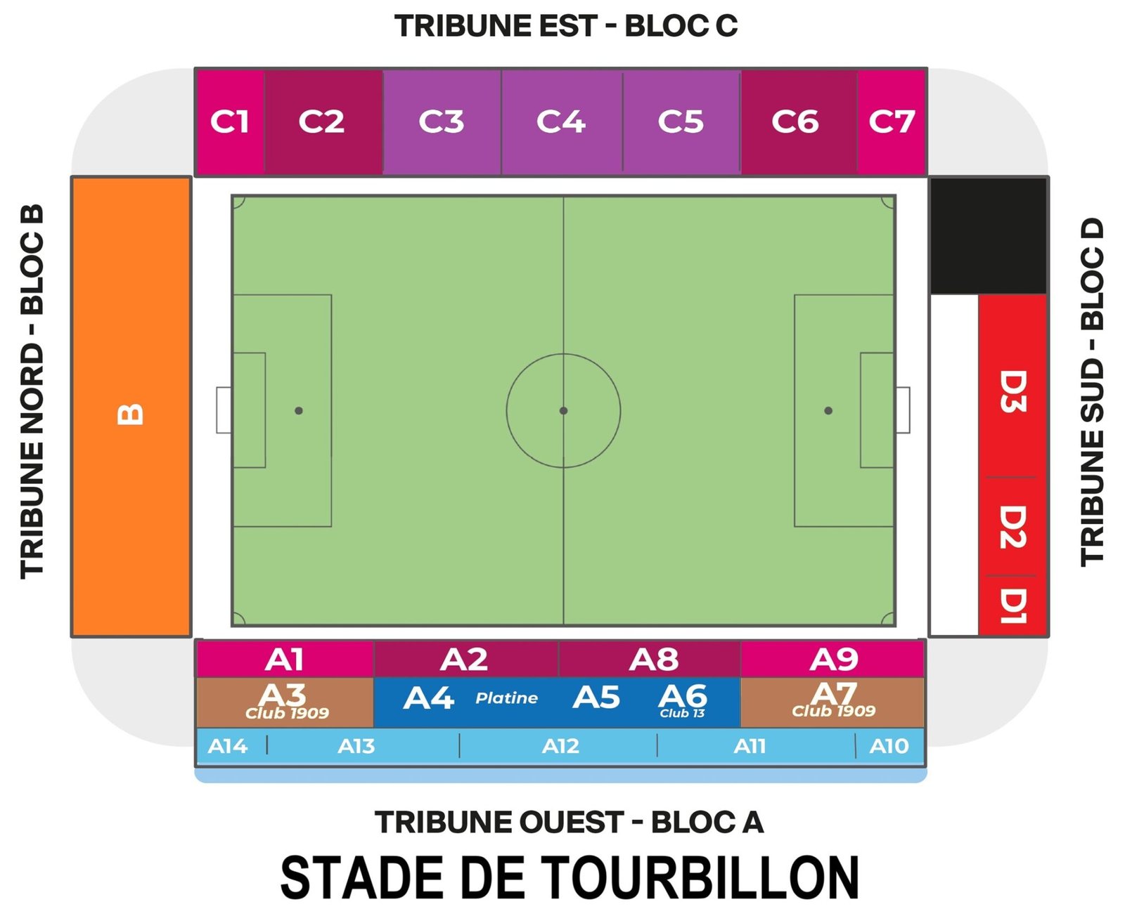 Stade de Tourbillon Seating Plan with Seat Numbers and Rows