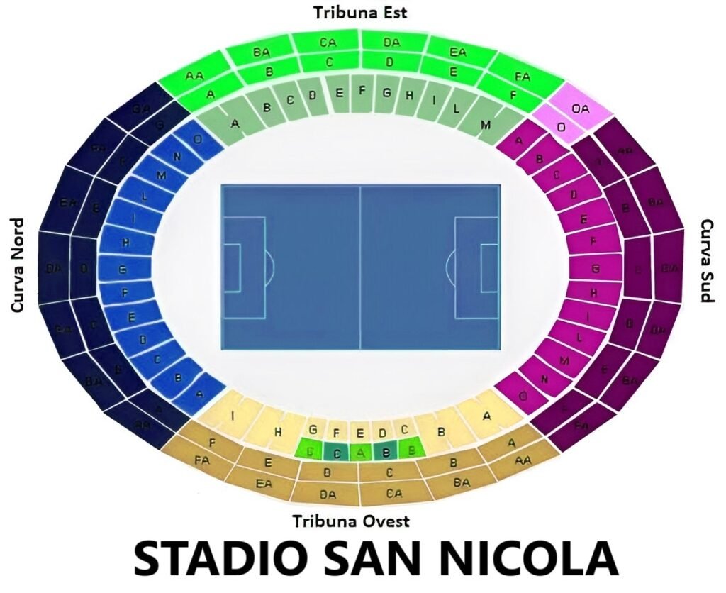 Stadio San Nicola Seating Chart with Rows and Seat Numbers 2025
