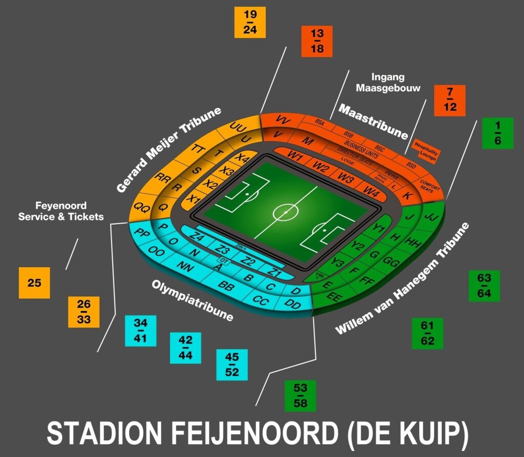 Feyenoord Stadium Seating Plan with Seat Numbers and Rows