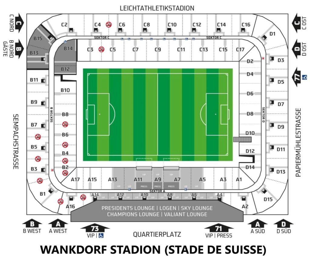 Wankdorf Stadium Seating Plan with Seat Numbers and Rows - Stade de Suisse