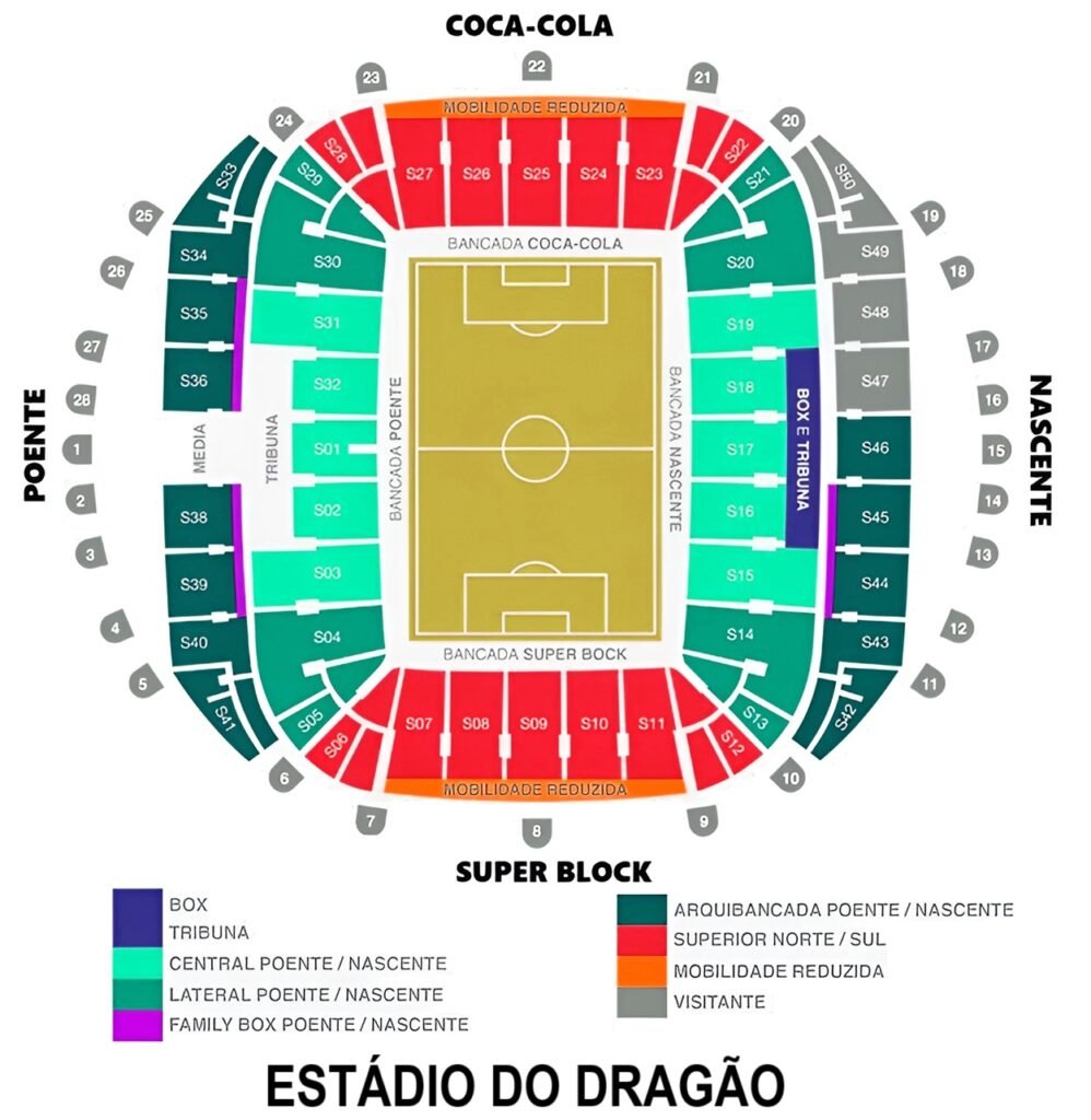 Estádio do Dragão Seating Chart with Rows and Seat Numbers 2025