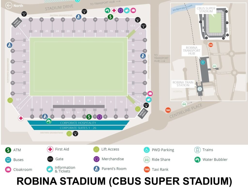 Cbus Super Stadium Seating Map with Rows and Seat Numbers