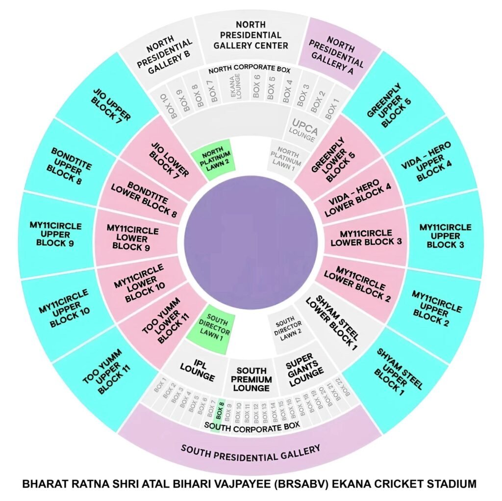 Ekana Cricket Stadium Seating Chart with Rows and Seat Numbers 2025