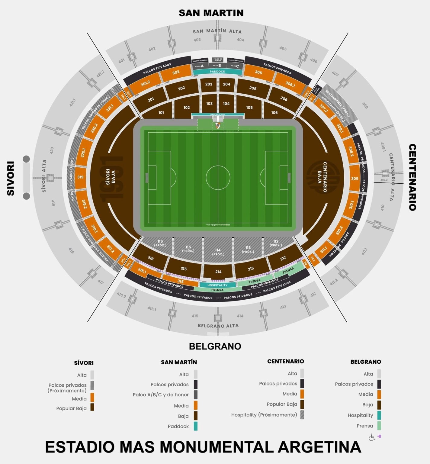 Estadio Mâs Monumental Seating Chart with Rows and Seat Numbers 2025