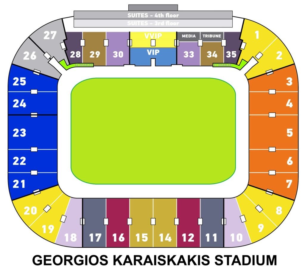 Georgios Karaiskakis Stadium Seating Chart with Rows and Seat Numbers 2025