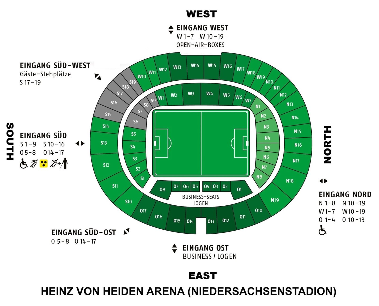 Heinz Von Heiden Arena Seating Plan with Seat Numbers and Rows