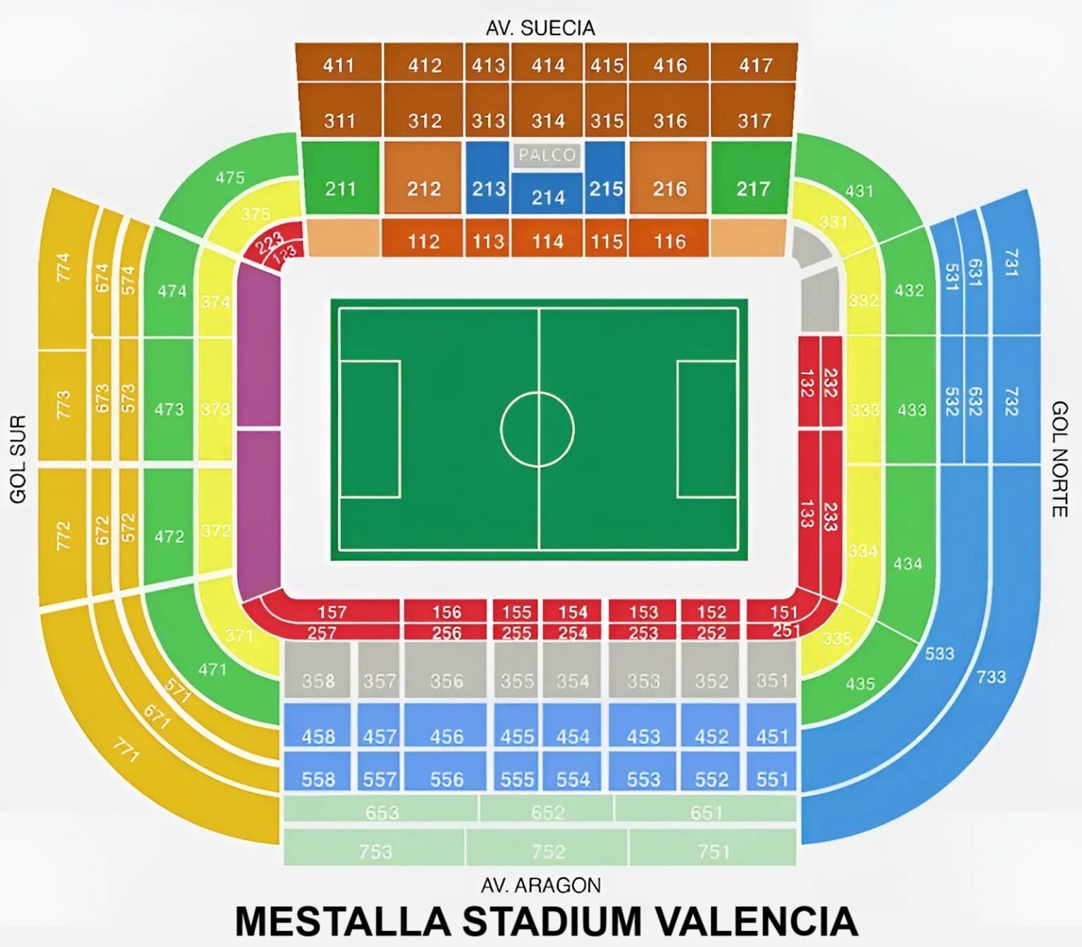 Mestalla Stadium Seating Plan with Seat Numbers, Valencia La Liga Seat Map