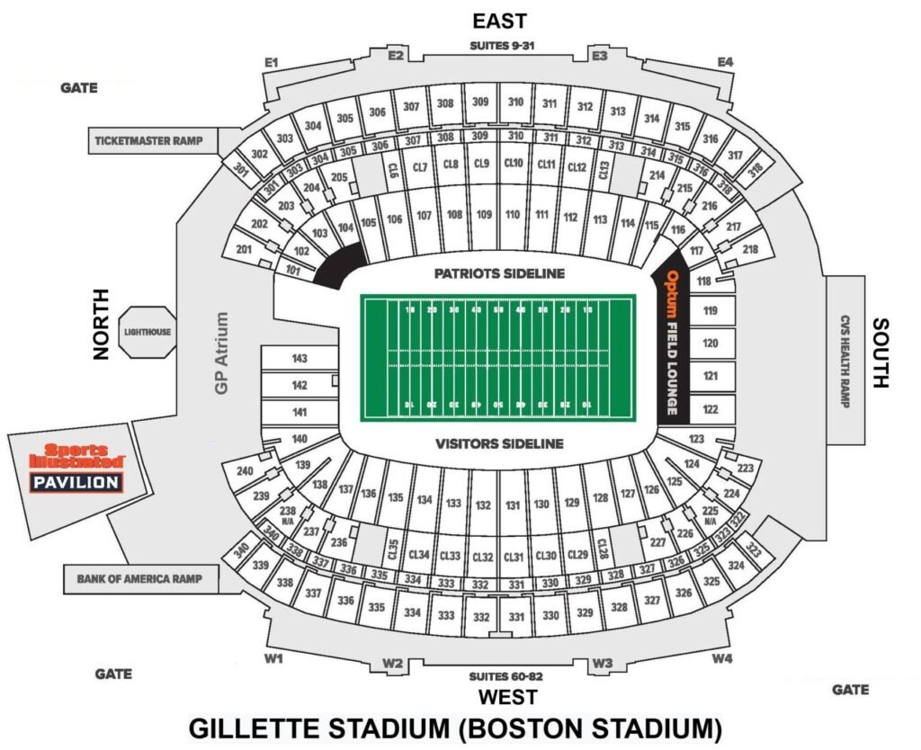 Gillette Stadium Seating Chart with Seat Numbers and Rows