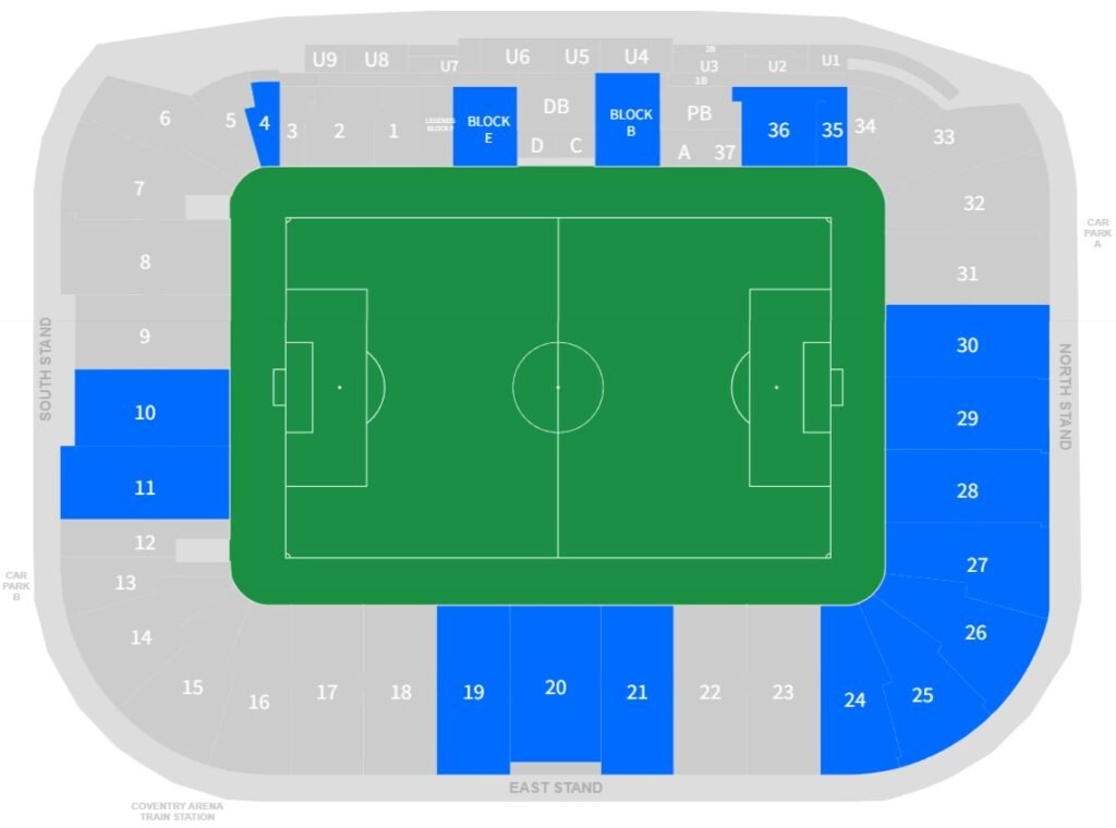 Coventry Building Society Arena Seating Plan with Seat Numbers and Rows