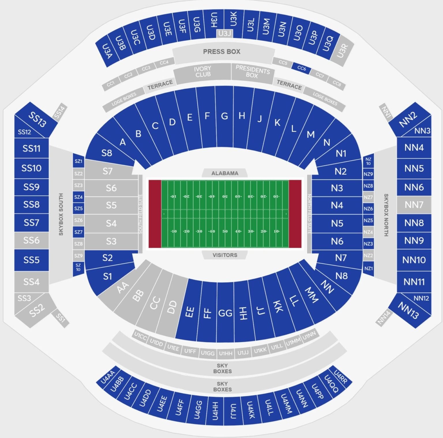 Bryant Denny Stadium Seating Chart with Seat Numbers and Rows