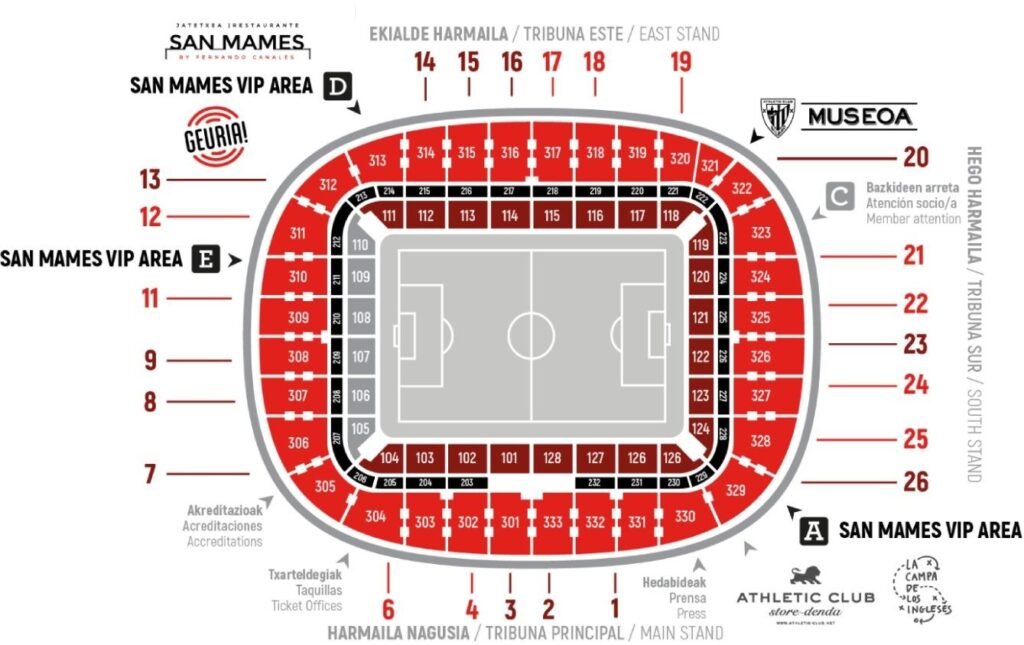 San Mamés Seating Map with Rows and Seat Numbers, Athletic Bilbao Map