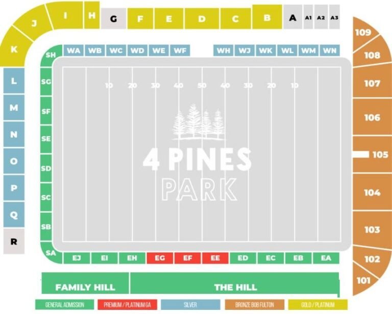 4 Pines Park Stadium Seating Plan with Seat Numbers and Rows ...