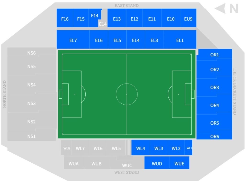 Oakwell Stadium Seating Plan with Seat Numbers and Rows