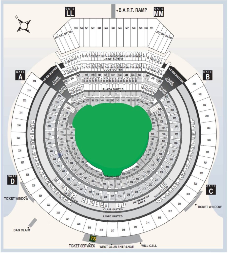Oakland Coliseum Seating Plan with Seat Numbers and Rows