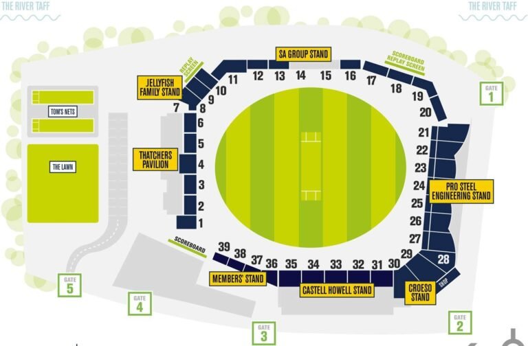 Sophia Gardens Cricket Ground Seating Plan with Seat Numbers and Rows