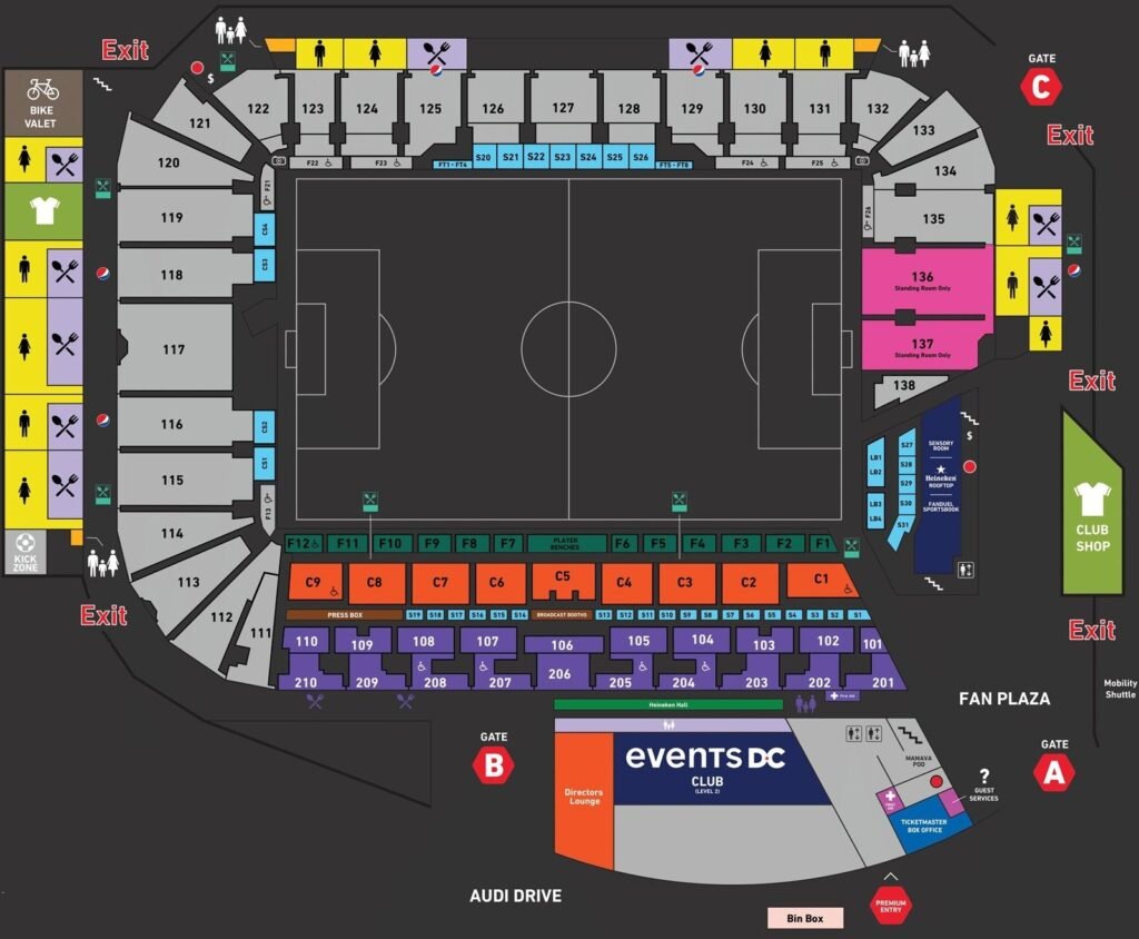 Audi Field Seating Plan with Seat Numbers and Rows - Audi Field Map