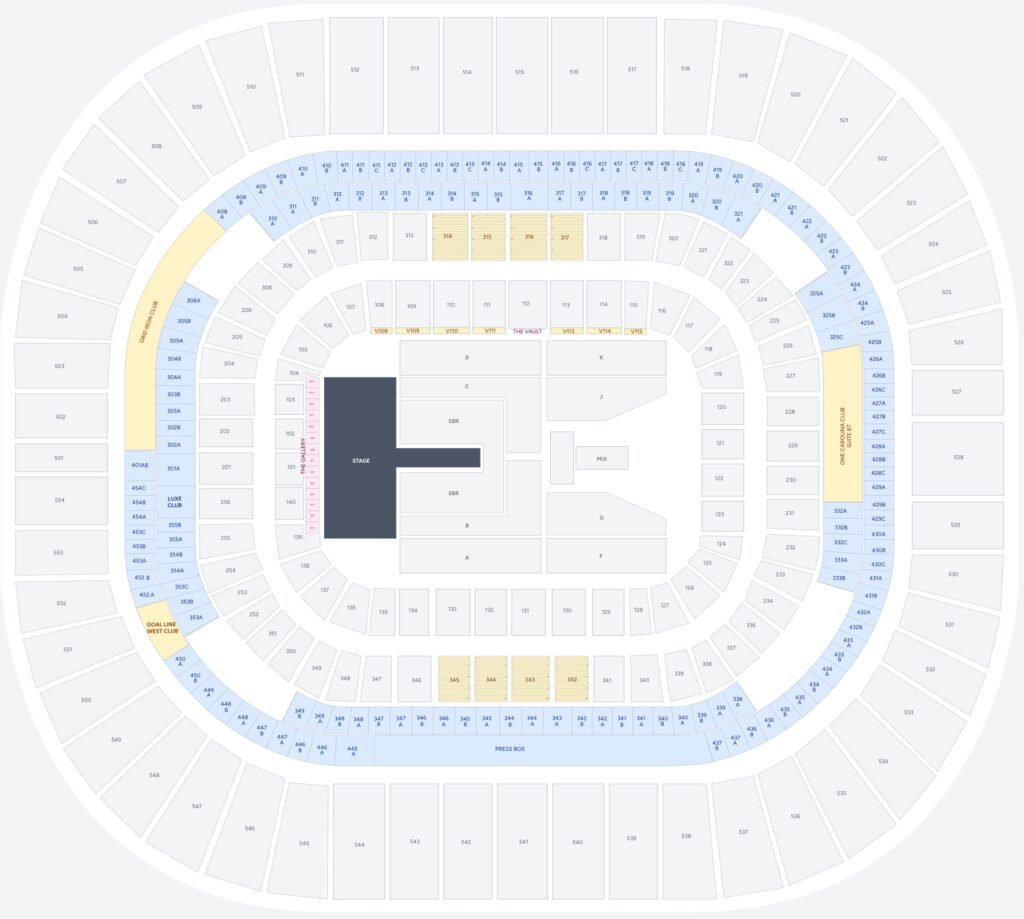 Bank of America Stadium Seating Plan with Seat Numbers and Rows