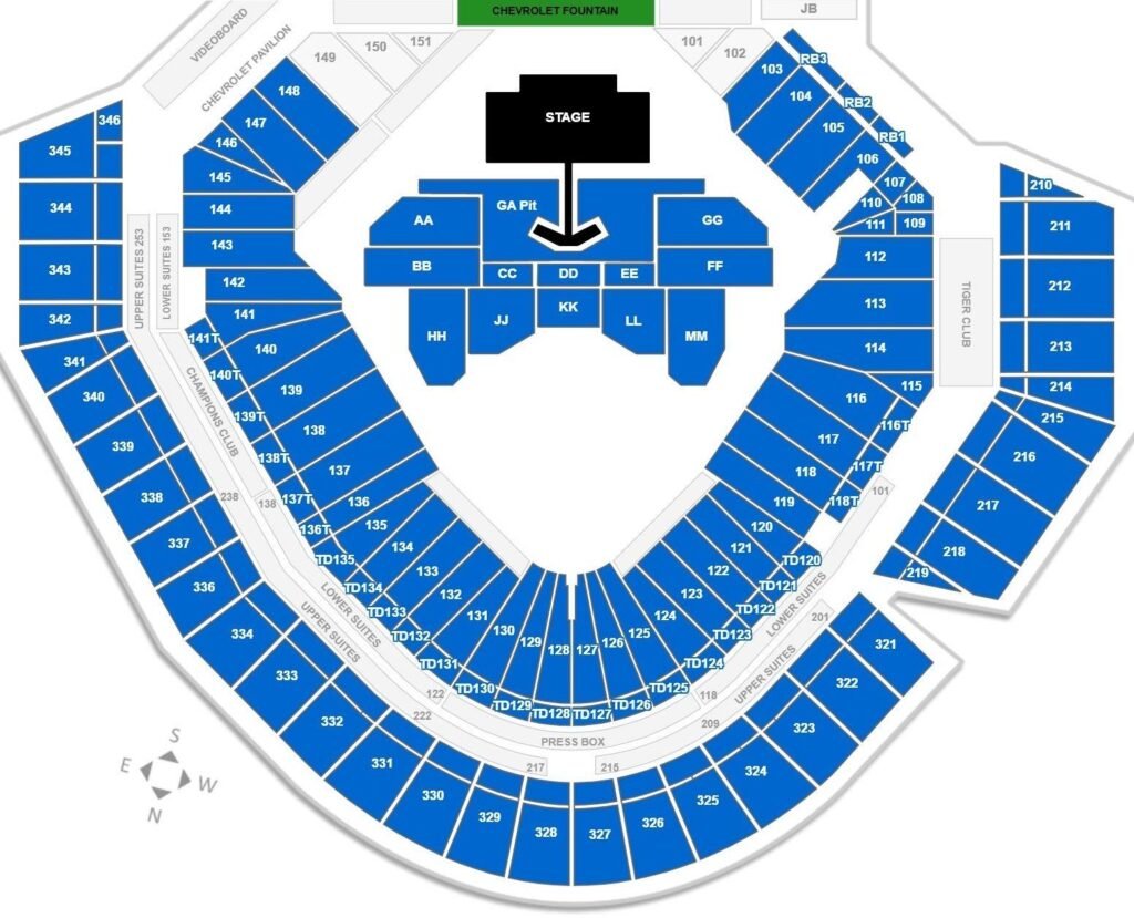 Comerica Park Seating Chart with Seat Numbers and Rows, Detroit Tigers Map