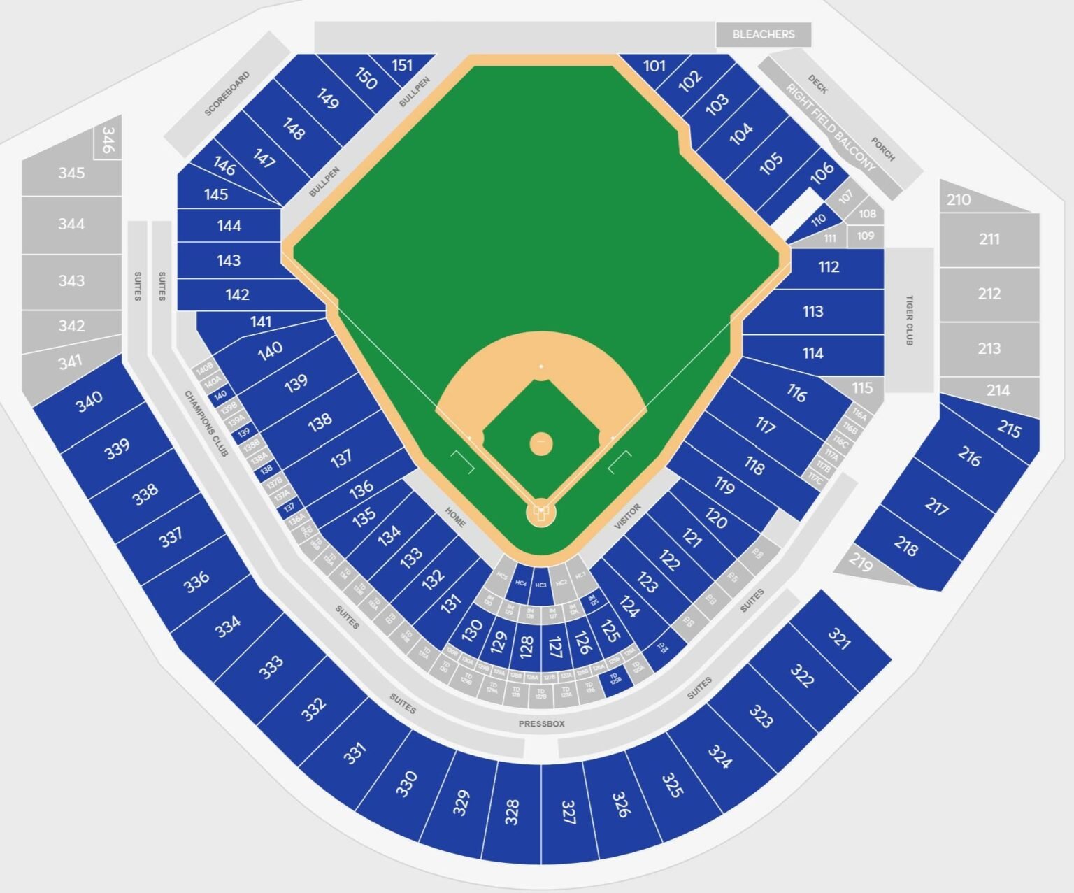 Comerica Park Seating Chart with Seat Numbers and Rows, Detroit Tigers Map