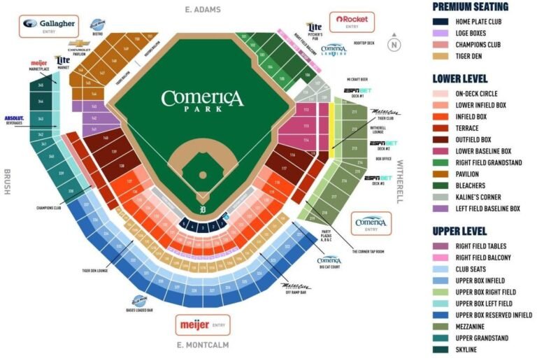 Comerica Park Seating Chart with Seat Numbers and Rows, Detroit Tigers Map
