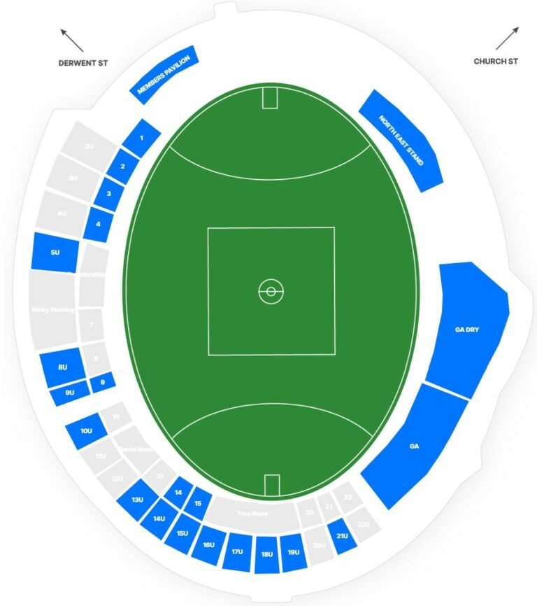 Bellerive Oval Seating Map with Seat Numbers and Rows
