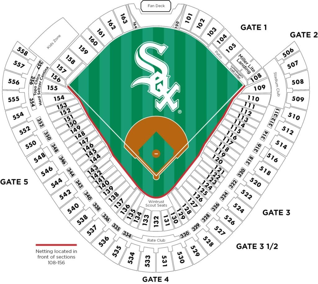 Rate Field Seating Chart with Seat Numbers and Rows, Chicago White Sox Map