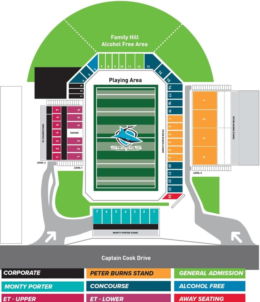 Shark Stadium Seating Map with Seat Numbers and Rows