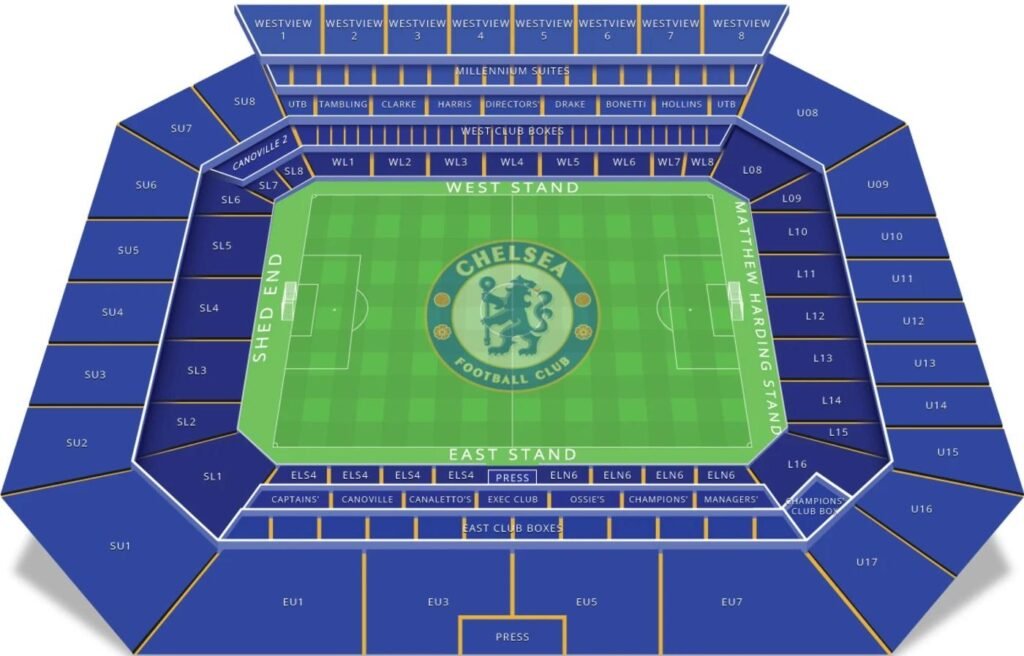 Stamford Bridge Seating Plan with Seat Numbers and Rows