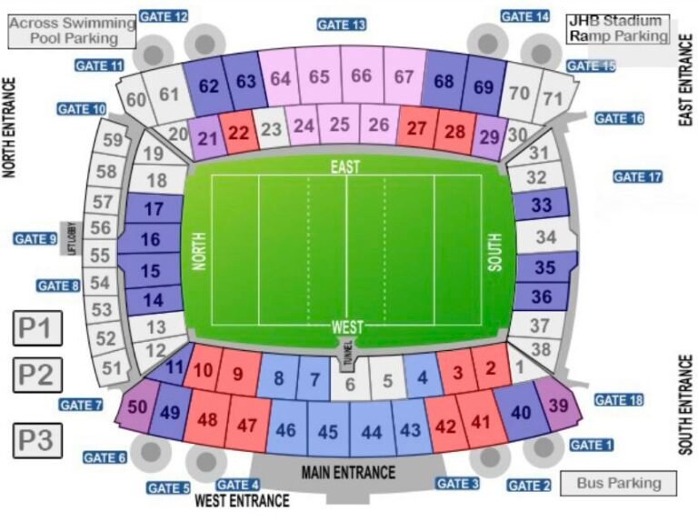 Ellis Park Stadium Seating Plan with Seat Numbers and Rows